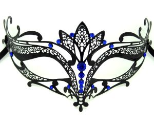 Metal Filigree Lotus Masquerade Mask with Blue Crystals
